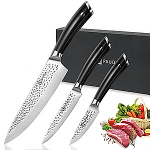 PAUDIN Kitchen Knives Set of 3, Sharp Chef Knife Set with Ergonomic ABS Handle, High Carbon Stainless Steel Knife Set, Professional Hammered Series Knives Set for Kitchen with Gift Box