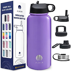 ALBOR Insulated Water Bottle with Straw, 32 Oz - 100% Leak-Proof with 4 Lids (2 Straw Lids) - Triple Insulated Stainless Steel Water Bottles, Reusable Water Bottle, Lilac