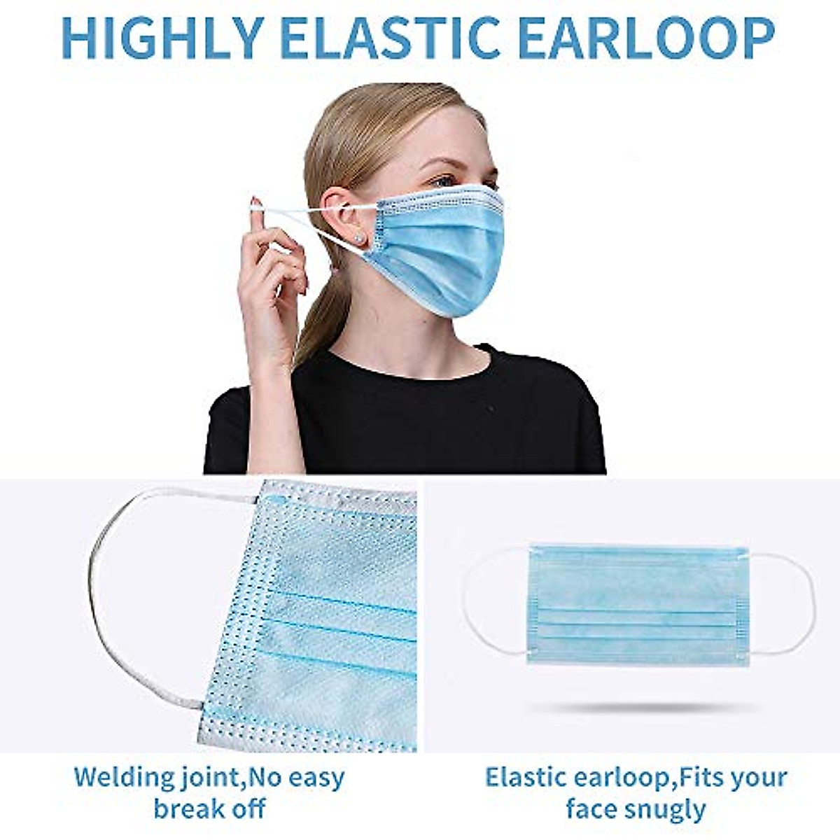 HSDZ 50PCS Bulk Face Masks for Women, Breathable 3 Ply Disposable Face Mask with Elastic Earloop Adult Mouth Cover for School Office Supplies(Blue)