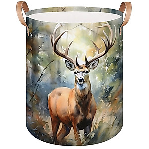 Kizmoglux Watercolor Deer Forest Round Laundry Basket, Large Clothes Hamper with Leather Handle, Collapsible Laundry Hamper Storage Bin for Home Dorm Office