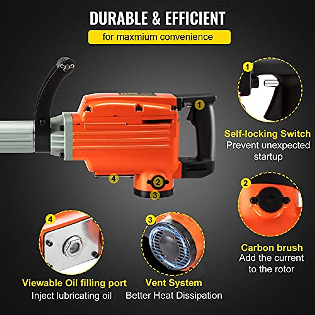 VEVOR Demolition Jack Hammer 3600W Concrete Breaker 1400 BPM Heavy Duty Electric 4pcs Chisels Bit w/Gloves & 360°Swiveling Front Handle for Trenching, Chipping, Breaking Holes