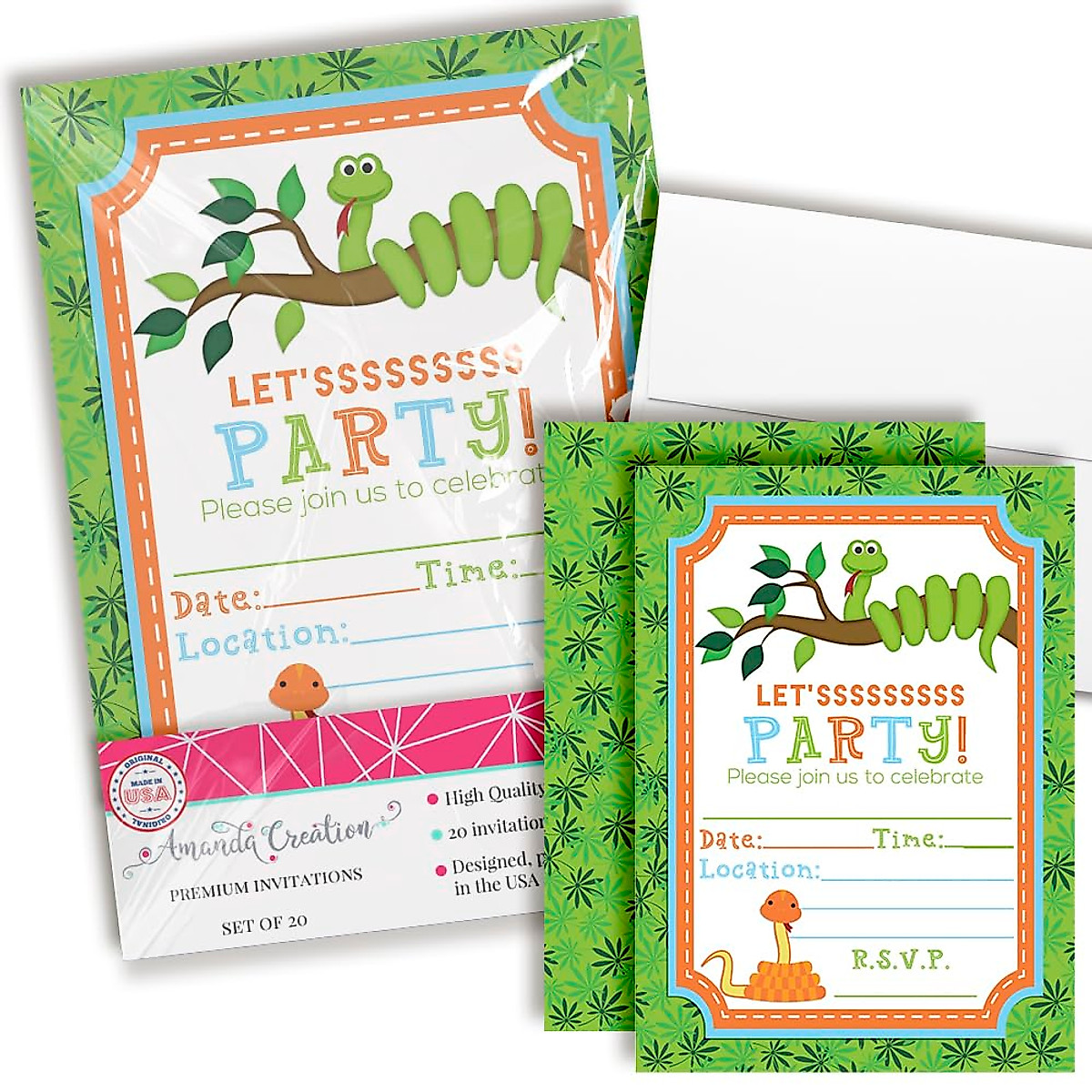 Snake Themed Birthday Party Invitations, 20 5x7 Fill In Cards with Twenty White Envelopes by AmandaCreation