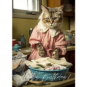 PIXILUV HAPPY BIRTHDAY Greeting card ~ Fluffy Cat Baking in a Cute Pink Dress~ Funny Animals Birthday Wishes Greetings Vintage Large Card