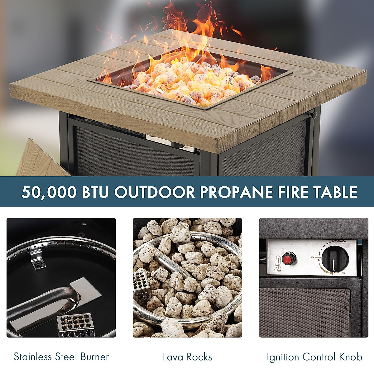 Fire Pit Table, Propane Firepit Outdoor Gas Fire Pits Clearance, 50,000 BTU with Woodgrain Tabletop, Lid, Lava Rocks for Outside Patio, Garden, Deck, Yard