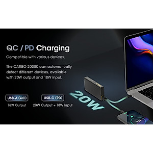 Nitecore Carbo 20000 Lightweight 20000mAh Power Bank for Outdoor, QC PD Quick Charge, USB & USB-C Dual Ports Waterproof Impact Resistant with Lumentac USB Cable