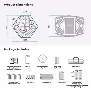 ACACIA Space Camping Tent XL, 4-6 Person Large Family Tent with 6'10'' Height, 2 Doors, 8 Windows, Waterproof Pop Up Easy Setup Hub Tent with Rainfly, Footprint for Car Camping, Glamping, Sunrise
