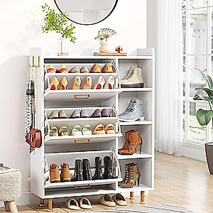 LITTLE TREE Shoe Cabinet, Freestanding Shoes Storage Cabinets with 3 Flip Drawers and Open Shelves for Entryway