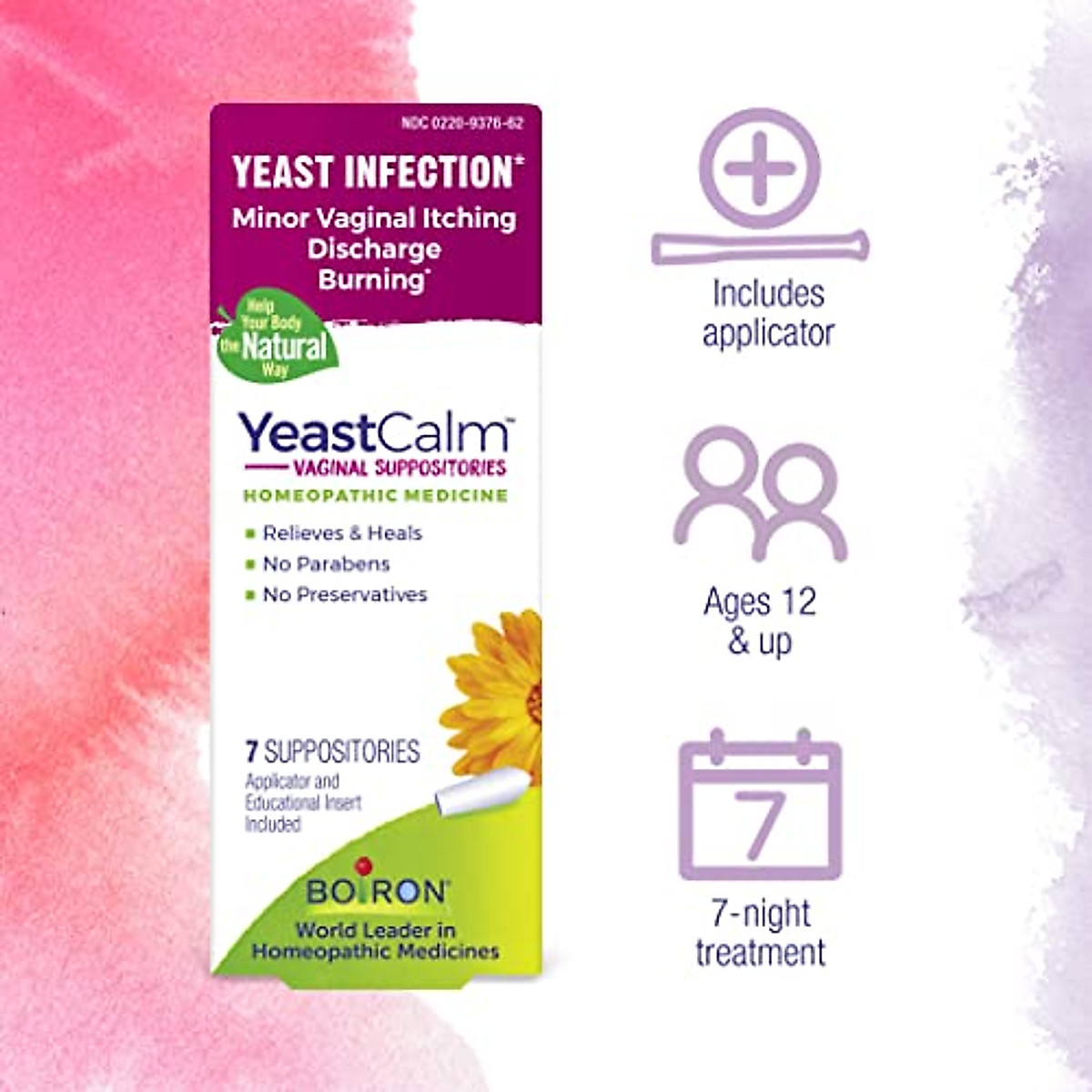 Boiron YeastCalm Homeopathic Suppositories for Yeast Infections, Burning, Discharge, and Minor Vaginal Itching - 7 Count