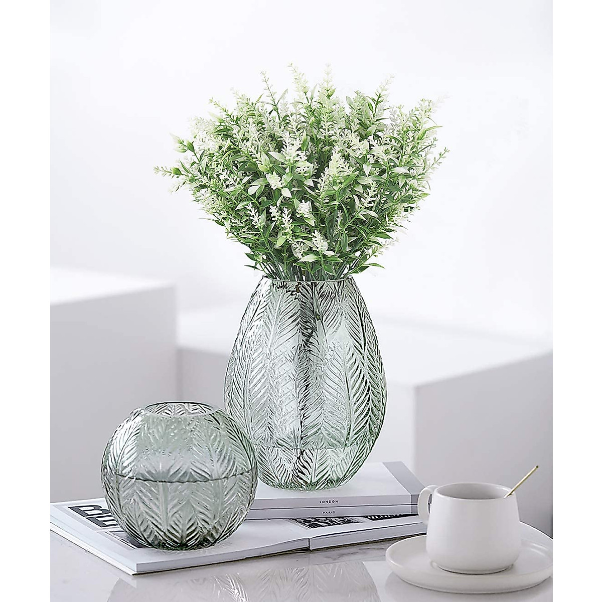 20 Bundles Artificial Lavender Flowers Outdoor Fake Flowers Faux Plants Plastic Bouquet Fake Greenery UV Resistant No Fade Faux Shrubs Home Garden Porch Patio Office Yard Indoor Decoration (White)