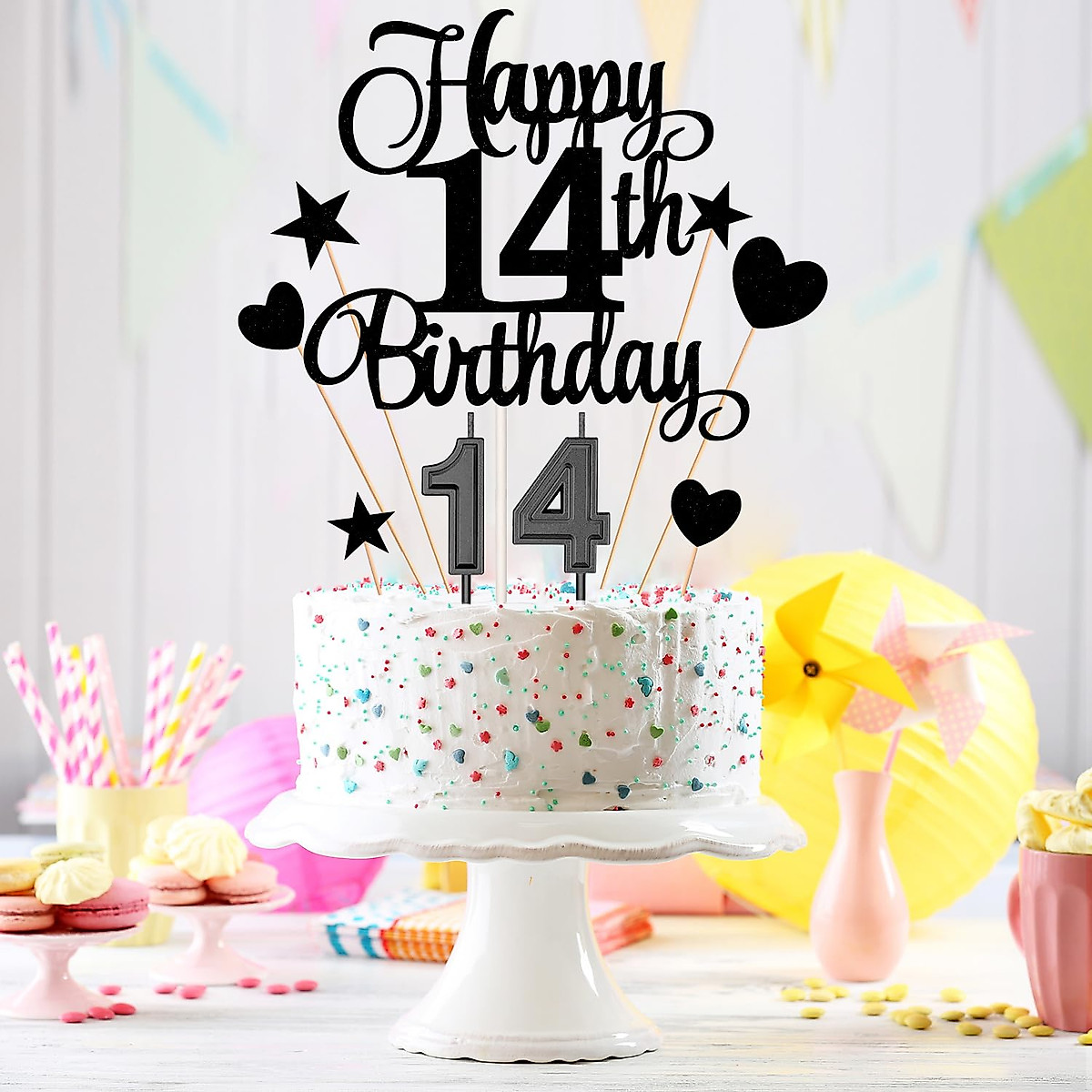 14th Birthday Cake Decorations Set Include 14th Birthday Candles Numeral 14 Cake Candles and Happy 14th Birthday Cake Toppers with Heart Star Cupcake Picks for Birthday Party (Black Series)