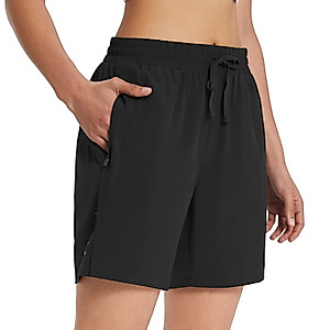 BALEAF Women's 7" Long Running Shorts No Liner Zipper Pockets Quick Dry Athletic Workout Shorts Black M