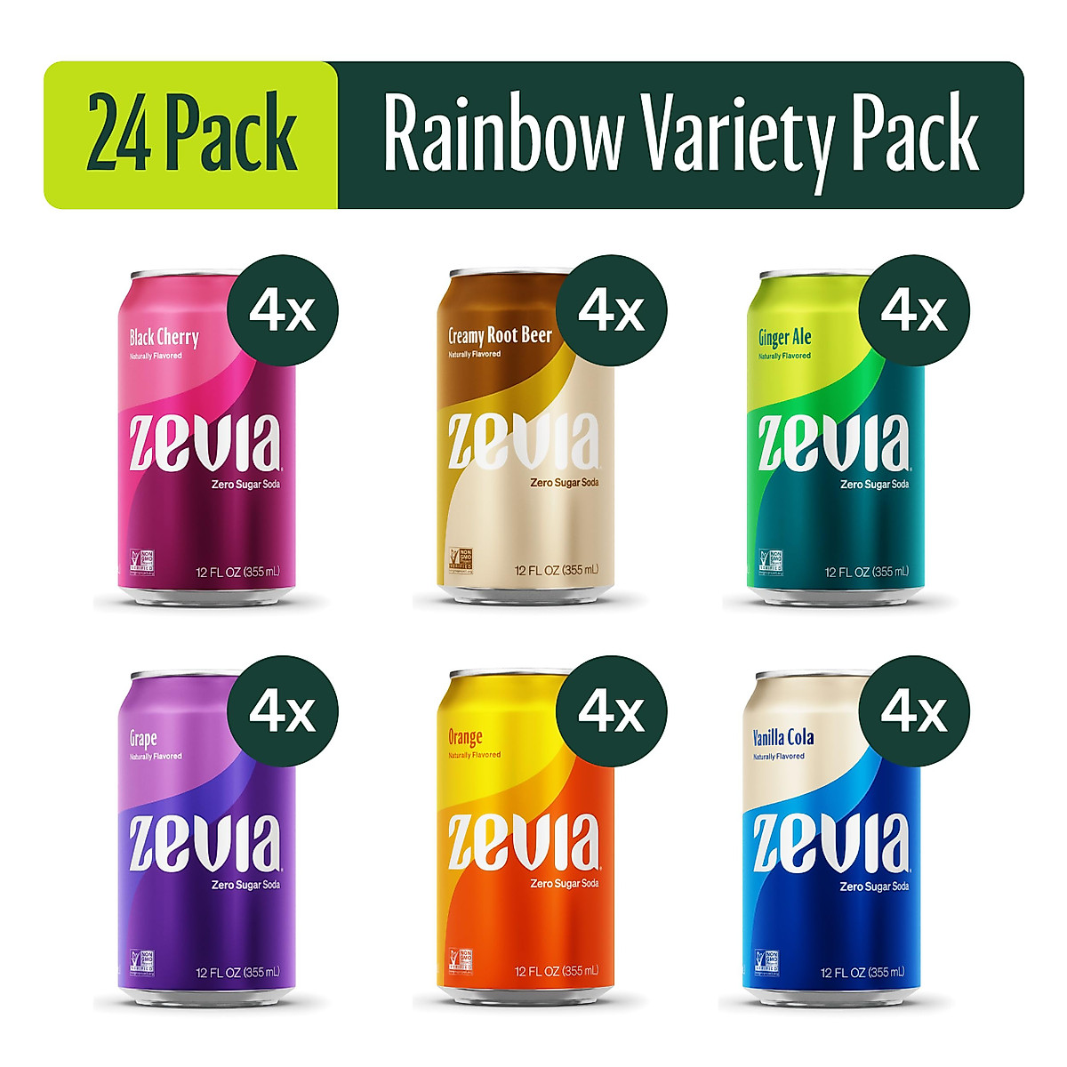 Zevia Zero Sugar Soda, Rainbow Variety Pack, 12 oz Cans (24-Pack) – Naturally Sweetened, Zero Calorie Sugar Free Soda - Non-GMO Project Verified, Gluten-Free, Vegan