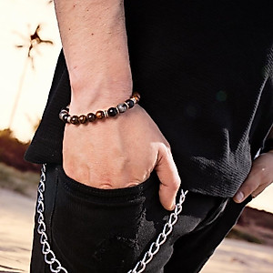 LKBEADS Natural Natural Bronzite, Black Agate, Sesame Jasper 8mm rondelle smooth 7inch Semi-Precious Gemstones Beaded Bracelets for Men Women Healing Crystal Stretch Beaded Bracelet Unisex