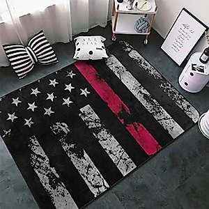 MODREACH 60 x 39 inches Area Rug Easy to Clean Stain, Contemporary Style Thick Soft Living Dining Room Rug (Firefighter Thin Red Line American Flag)