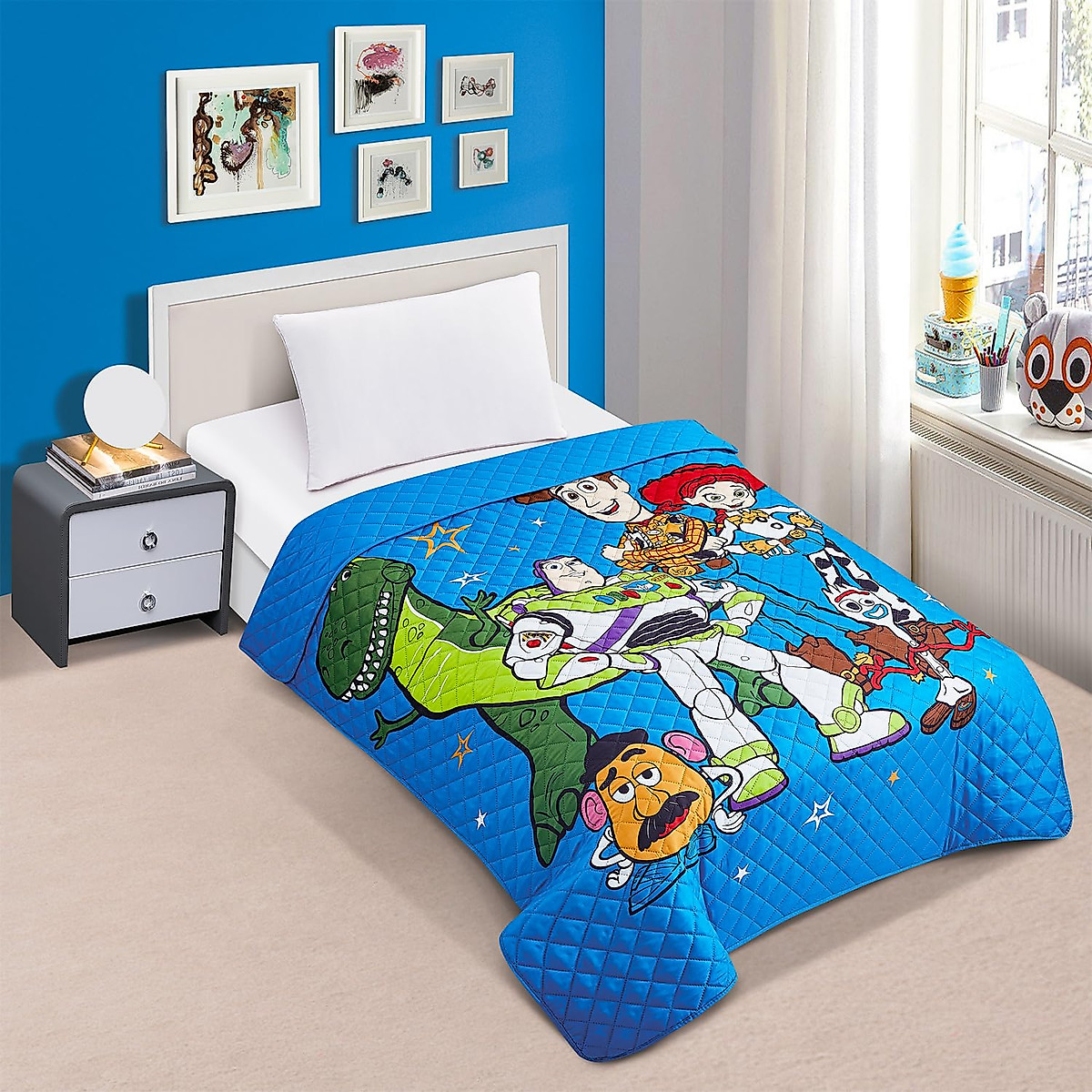 Toy Story Bedspread Twin Set - Bundle with Buzz and Woody Quilted Blanket Plus Stickers, More | Toy Story Twin Bedding Set for Kids