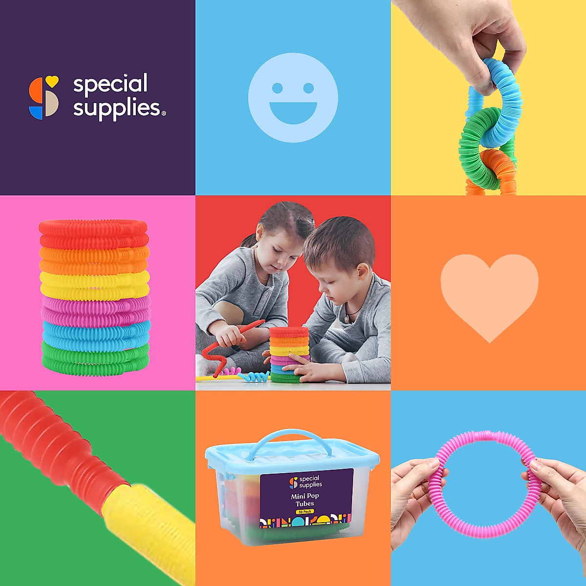 Special Supplies 30-Pack Mini Fun Pull and Pop Fun Tubes Mini for Kids Stretch, Bend, Build, and Connect Toy, Provide Tactile and Auditory Sensory Play, Reusable Storage Container, Colorful