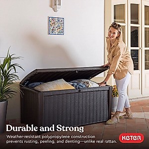 Keter Borneo 416L Storage Box, All-Weather Wicker Rattan-Style Resin Deck Box and Stylish Outdoor Bench with Piston-Assisted Lockable Lid, Light Grey