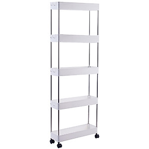 Mupera 5-Tier Rolling Cart - Slim Utility Cart with Wheels and 8 Side Hooks, Movable Storage Organizer Shelves, Space-Saving Rolling Storage Cart for Narrow Places in Office, Bathroom, Kitchen, White