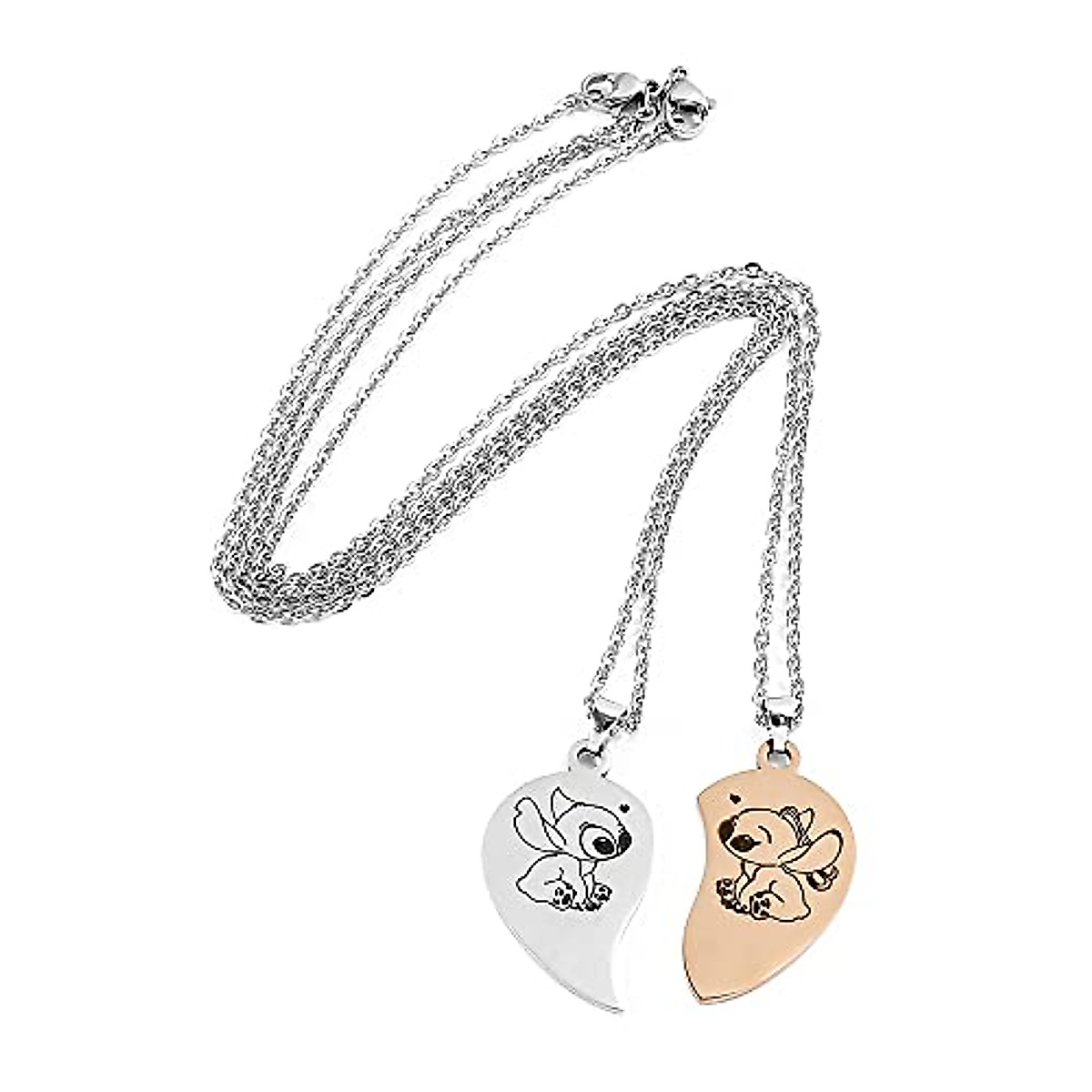 Cartoon Stitch & Angel Necklaces Set - 2Pcs Stainless Steel Chain Pendant Couple Choker Jewelry Accessories, Gifts for Lover
