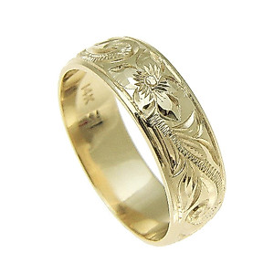 Arthur's Jewelry 14K yellow gold hand engraved Hawaiian plumeria scroll band ring smooth edge 6mm size 7