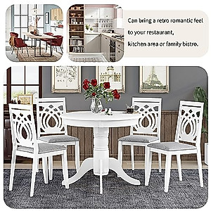 5-Piece Dining Table Set, Round Kitchen Table Set for 4, Extendable Kitchen Table Set with 4 Exquisite Upholstered Chair, Solid Wood Dining Furniture Set with Extendable Leaf for Small Places, White