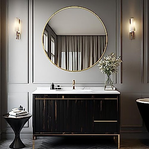 Growsun 48 inch Large Gold Round Mirror, Bathroom Mirror for Wall, Metal Frame Round Mirror for Fireplace Living Room Wall Decor