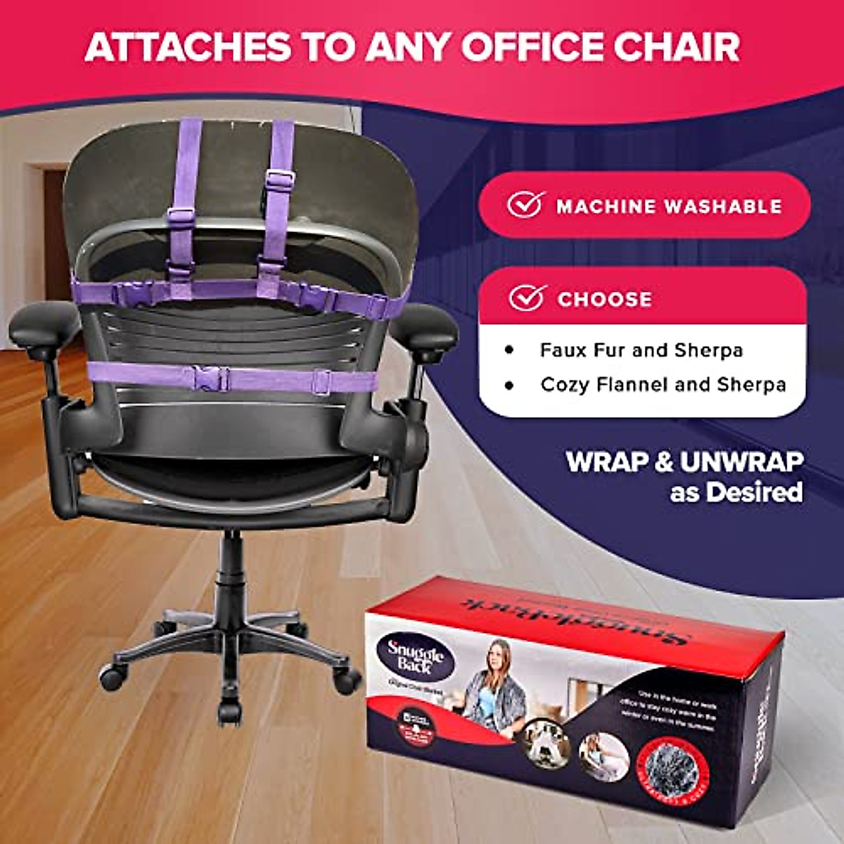 Cozy Chair Blanket by Snuggle Back; Chair Blanket Wrap Attaches to Any Office Chair for Convenient Warmth and Heat. Stay Warm In The Winter or Summer. Faux Fur with Fluffy Sherpa (Black)