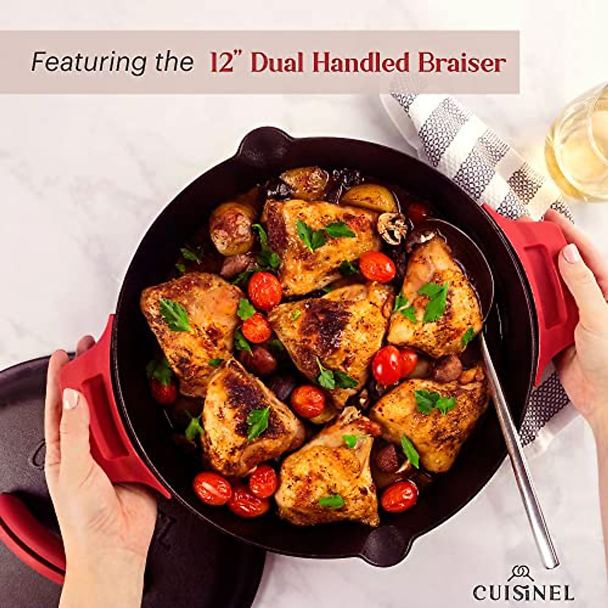 Cuisinel Cast Iron 17-Piece Preseasoned Cookware Set - 8"+10" Skillets + Lids + 5-Quart Dutch Oven + 12" Braiser with Cast Iron Lid + Round Griddle + 15" Organizer Rack + Pan Scraper + Silicone Handle