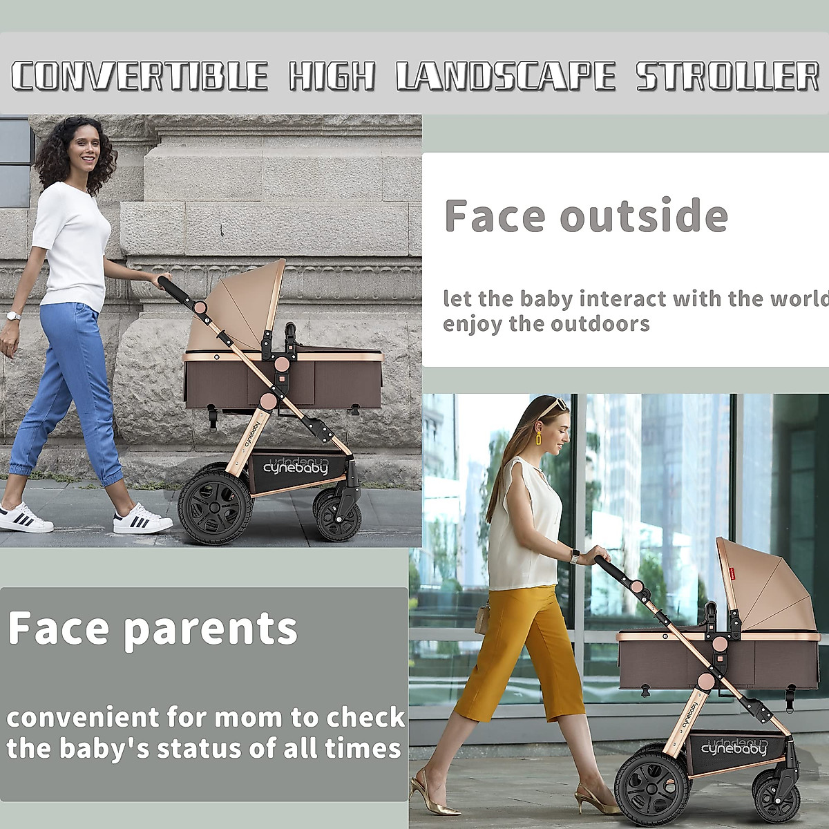 Newborn&Infant&Toddler Foldable All-Terrain High Landscape Baby Stroller Aluminum Alloy 2 in 1 Convertible Reversible Bassinet Pram,Convertible with Detachable Foot Cover and Tray