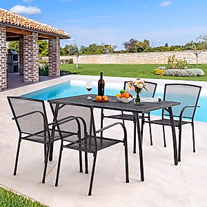 AECOJOY Metal Outdoor Table and Chairs Patio Dining Table Set for 4 Outside 51" Dining Table with Umbrella Hole Rectangle Table and 4 Stackable Chairs, Patio Furniture Set for Garden Backyard Balcony