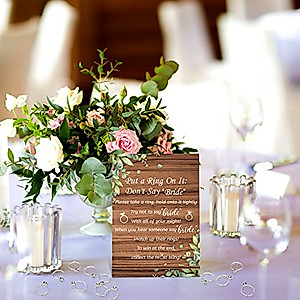 Put a Ring on It Bridal Shower Game with 100 Pcs Metal Fake Rings, Rustic Greenery Bridal Shower Favors Not Say Bride Rules Wedding Shower Games Wooden Bridal Shower Gifts for Guests (Silver)
