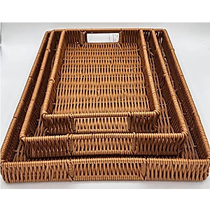 Set of 3 Rectangle Rattan Serving Tray - Large, Regular and Small Hand Woven Wicker Baskets with Handles - Breakfast Drinks Coffee Snack Fruit Storage Platter Trays - Tabletop Organizers Home Decor