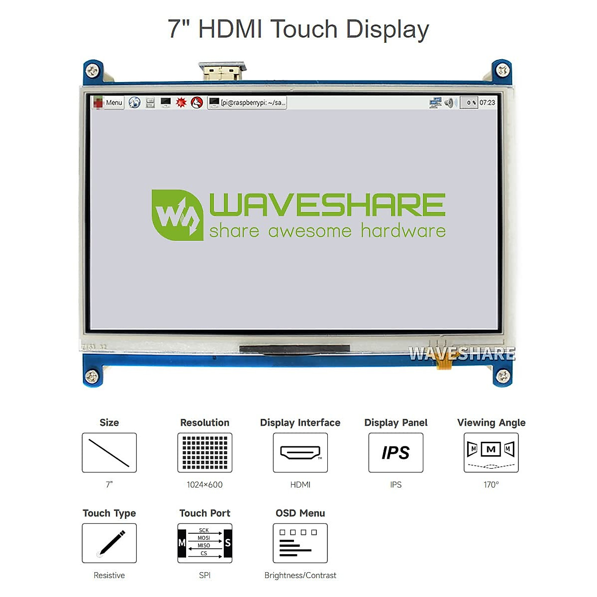 waveshare 7inch Resistive Touch Screen LCD Compatible with Raspberry Pi 4B/3B+/3A+/2B/B+/A+/Zero/Zero W/WH/Zero 2W CM3+/4 Series Boards 1024×600 Resolution HDMI IPS Supports Windows