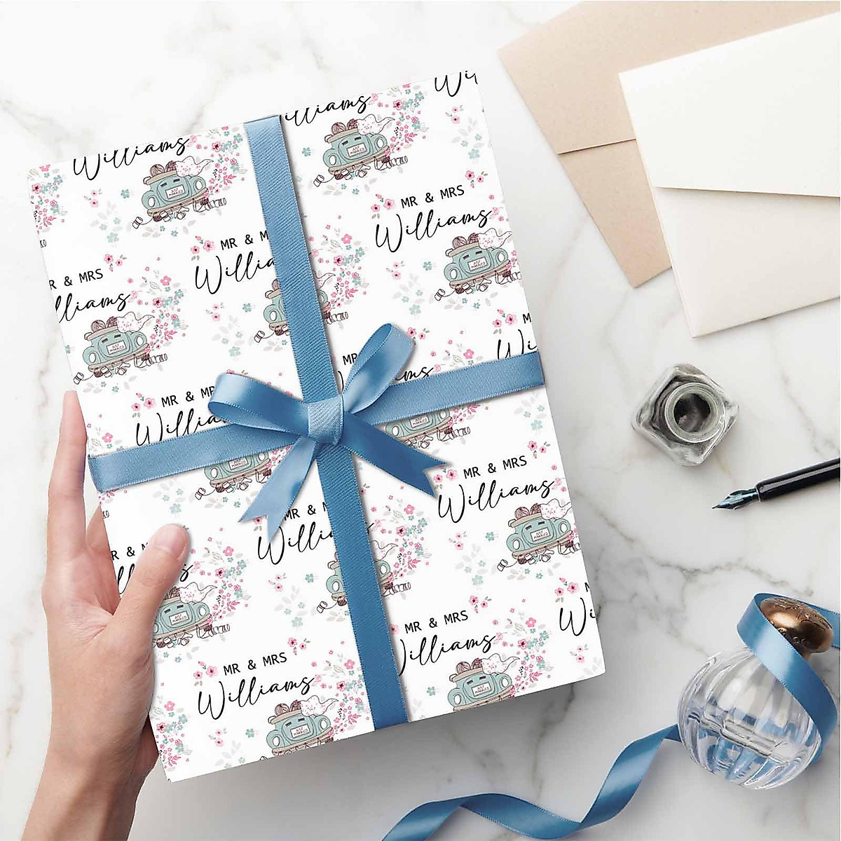 M YESCUSTOM Personalized Wrapping Paper Roll Custom Mr and Mrs Wedding Gift Wrap for Couple Husband Wife Car Flower Wrapping Tissue Paper for Wedding, Bridal Showers DIY Decoration 58" x 23"