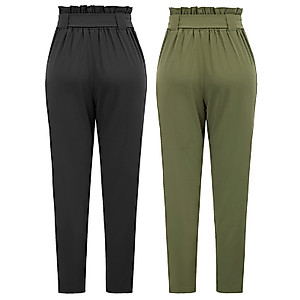 GRACE KARIN Women's Paper Bag High Waist Slim Fit Knot Pants with Belt 2pcs Black & Army Green L