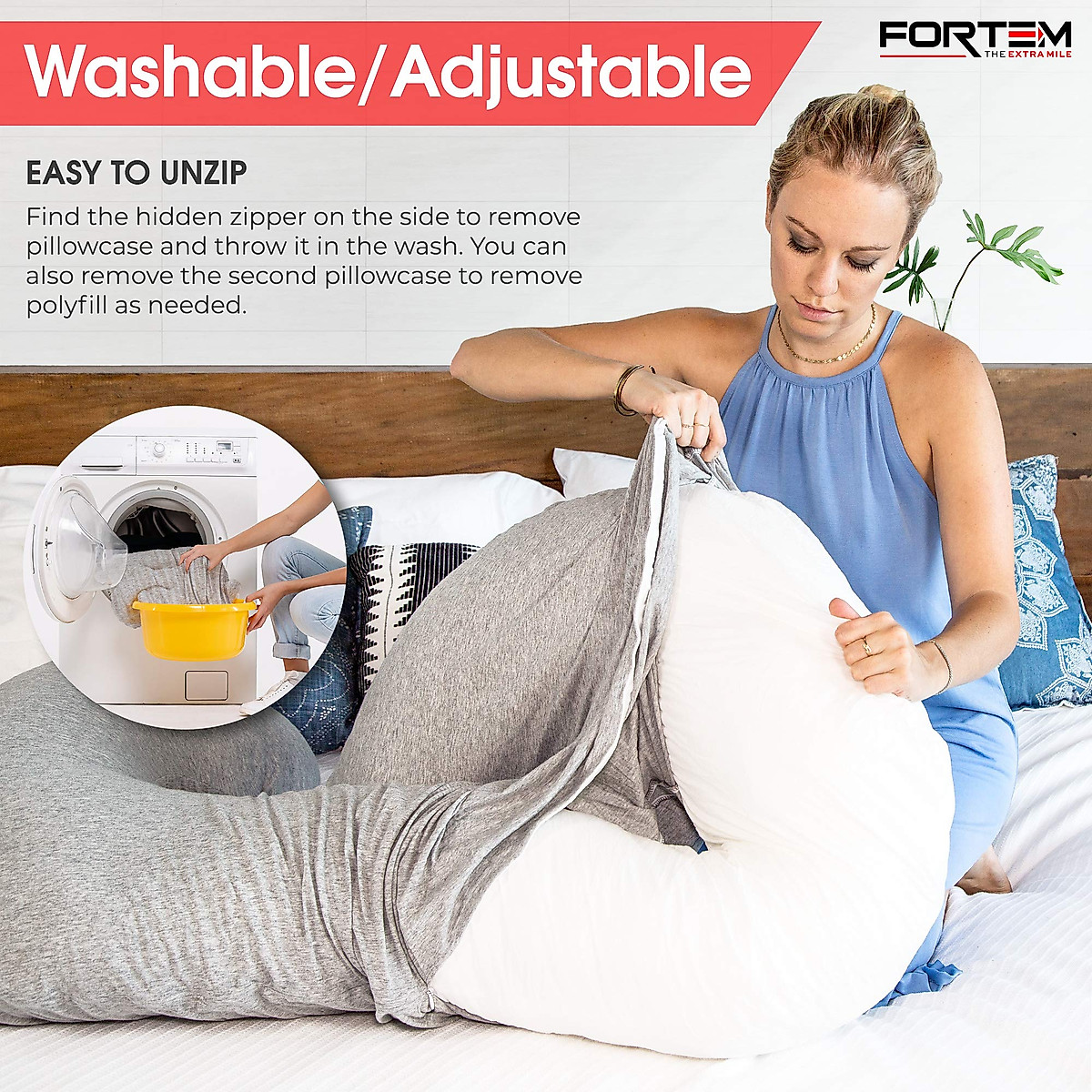 FORTEM Pregnancy Pillow for Maternity, C Shaped Full Body Pillow w/ Knee & Neck Support, Washable Cover