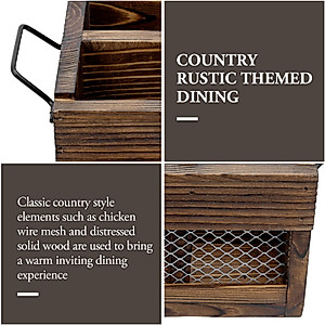 MyGift Rustic Brown Wood Utensil Holder and Napkin Rack with Black Metal Carry Handles and Chicken Wire Front Panel, Dining Flatware Cutlery Storage Caddy