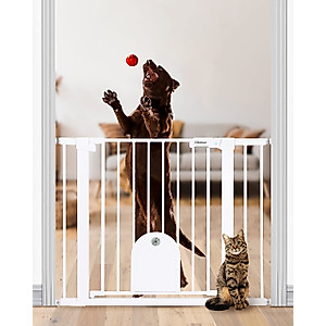Newnice 40.6" -29.7" Auto Close Baby Gate with Small Cat Door, Easy Walk Thru & Durable Dog Pet Gates for Stairs, Doorway, House, Pressure Mounted Safety Child Gate Includes 4 Wall Cups