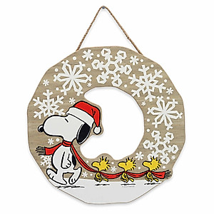 Open Road Brands Peanuts Snoopy Snowflake Wreath Hanging Wood Wall Decor - Nostalgic Peanuts Christmas Sign for Holiday Home Decorating