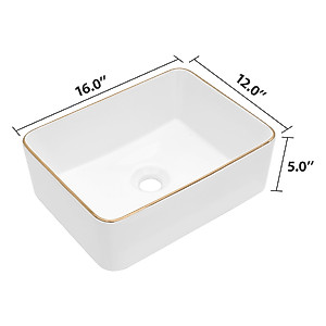 Dcolora Vessel Sink Rectangular 16"x12" White Vessel Sink with Gold Rim Ceramic Porcelain Rectangle Bathroom Sink Above Counter Vanity Sink Basin