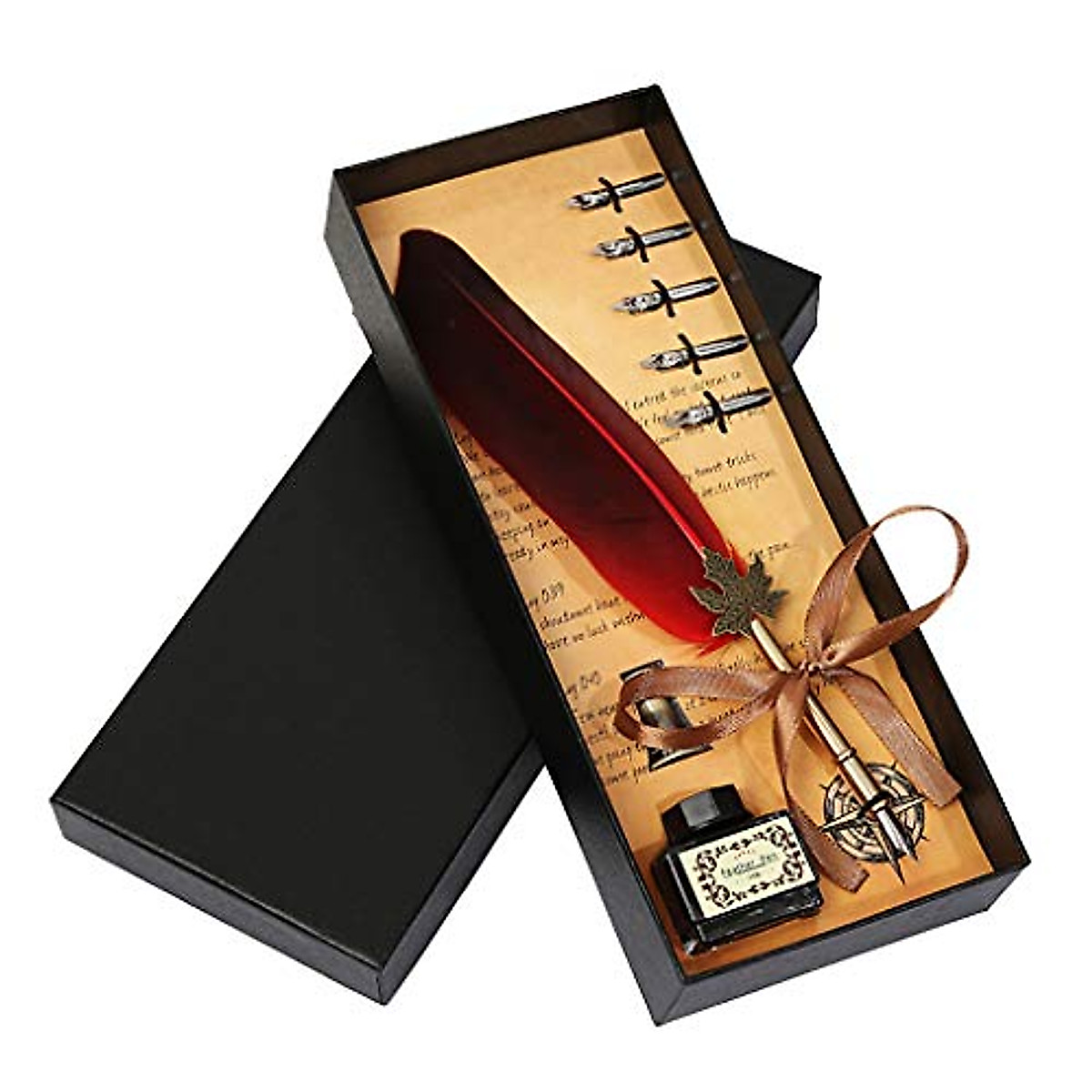 Vxkbiixxcs-o Feather Dip Pen, Pen Feather Ink Pen Calligraphy Set Includes Dip Pen 5 Steel Replacement Nibs Dip Ink Bottle Vintage Gift Box Yellow