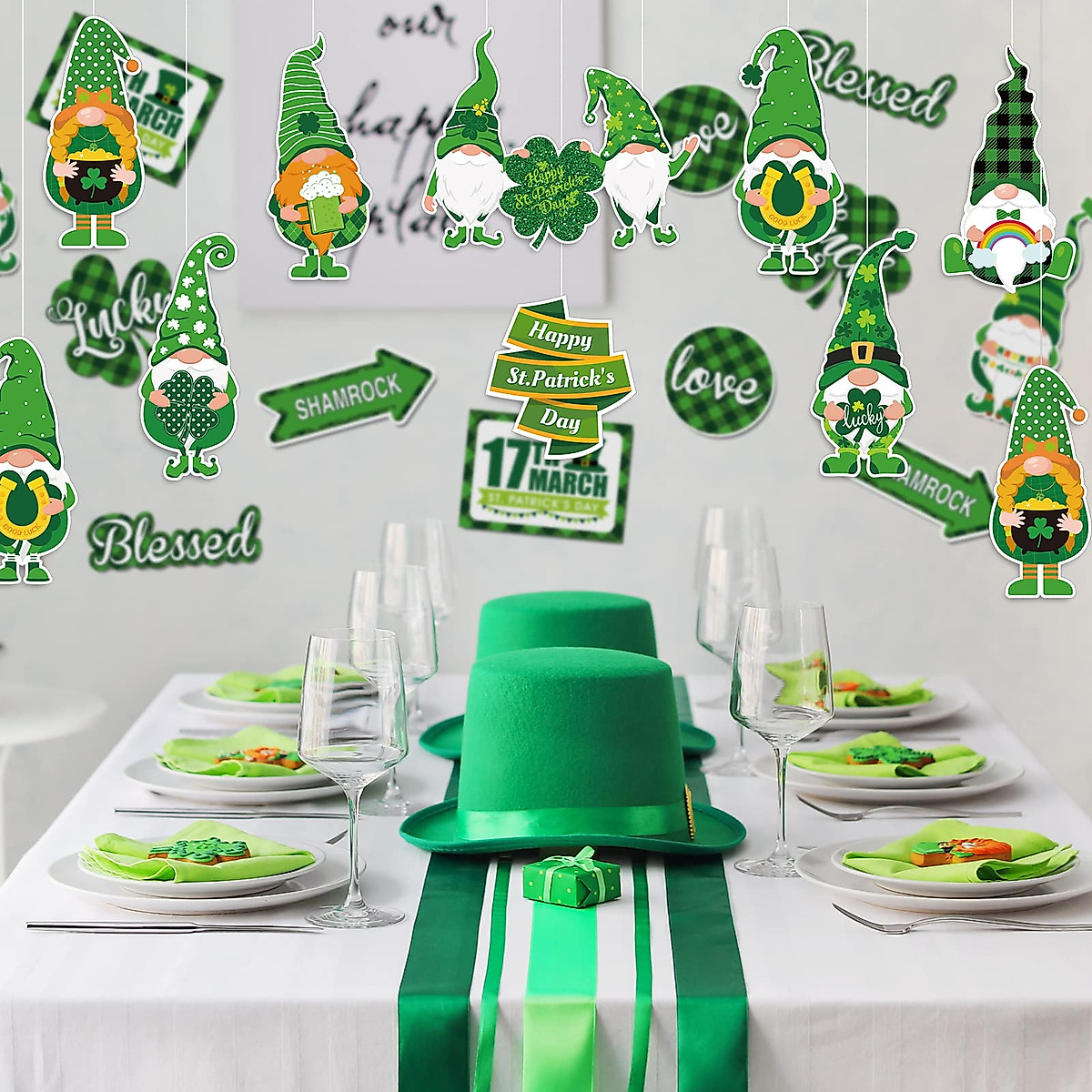 Whaline 42Pcs St. Patrick's Day Cut-Outs Lucky Dwarf Gnome Paper Cut Outs with 100Pcs Glue Points St. Patrick's Day Classroom Bulletin Board Decoration for Farmhouse Home Party Wall Door