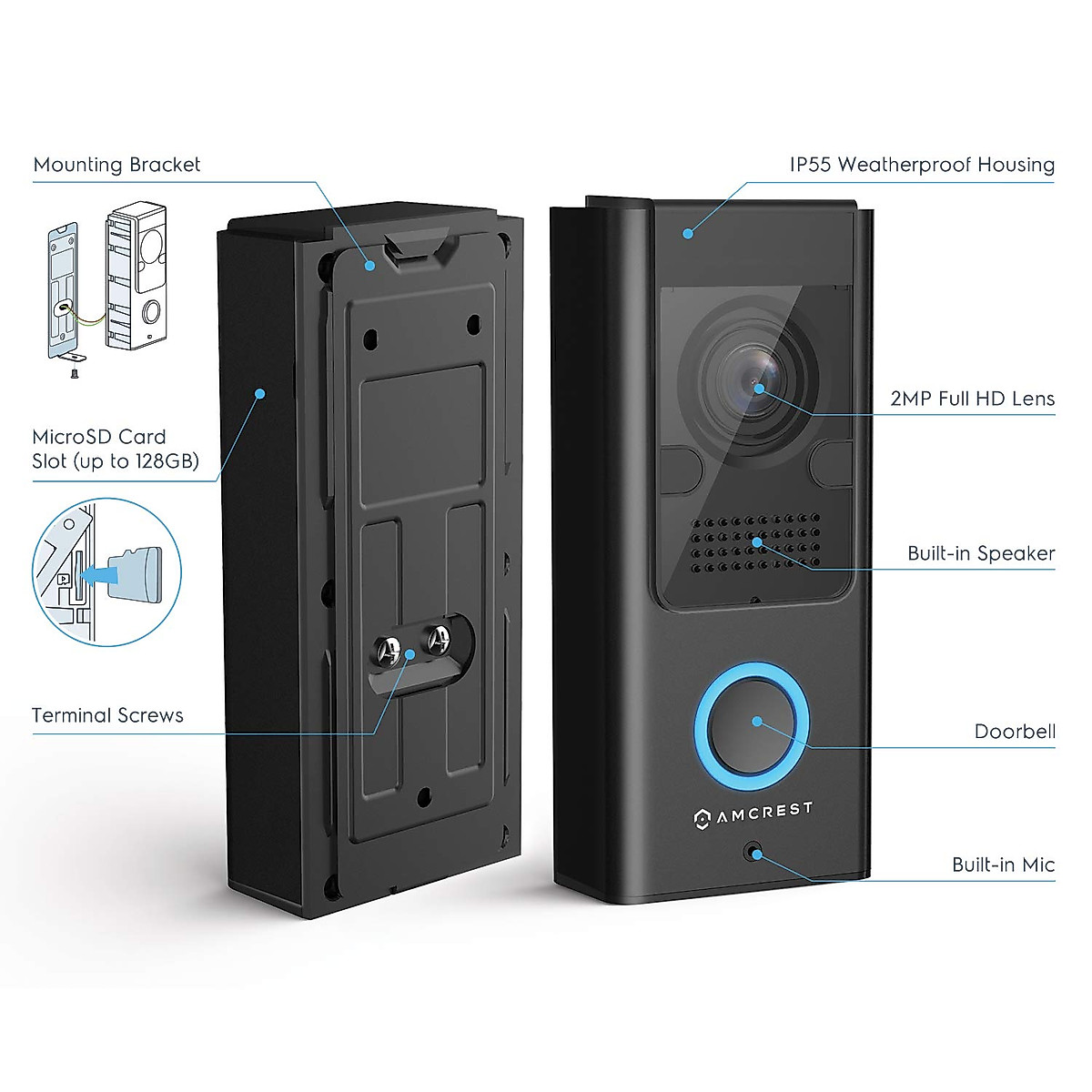 Amcrest 1080P Video Doorbell Camera Pro, Outdoor Smart Home 2.4GHz WiFi Doorbell Camera (Wired Power), MicroSD Card, PIR Motion Detect, RTSP, IP55 Weatherproof, 2-Way Audio, 140º Wide-Angle AD110