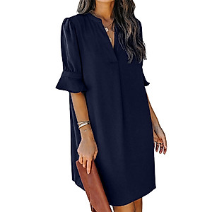 QACOHU Summer Dresses for Women 2025 Ruffle Sleeves Split V-Neck Straight Fit Solid Color Slim Dress Blue M