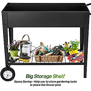 GARFANS Raised Garden Bed, Metal Raised Planter Box Outdoor with Legs, 2 Wheels and Shelf, Elevated Garden Bed Box for Vegetable Indoor Herb Flower Backyard Patio, 40" L x 16" W x 31.5" H