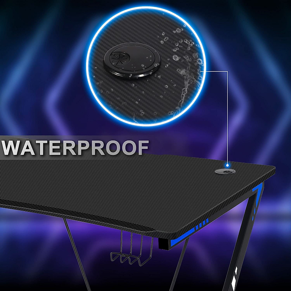 Cirstore Gaming Desk 39 Inch Computer Desk Gaming Table Z Shaped Pc Gaming Workstation Home Office Desk with Headphone, Gaming Controller Rrack,Black and Blue