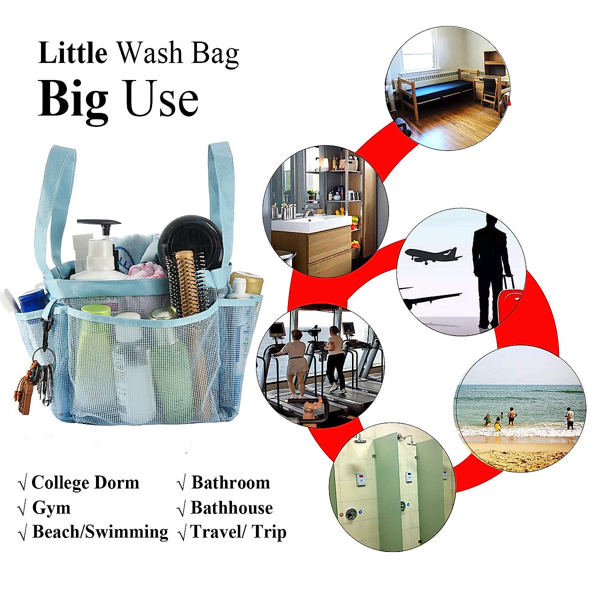 Haundry Mesh Shower Caddy Tote, Large Shower Caddy Bag for College Dorm Room Essentials, Bathroom Organizer with 8 Pockets for Beach Swimming Camp Gym