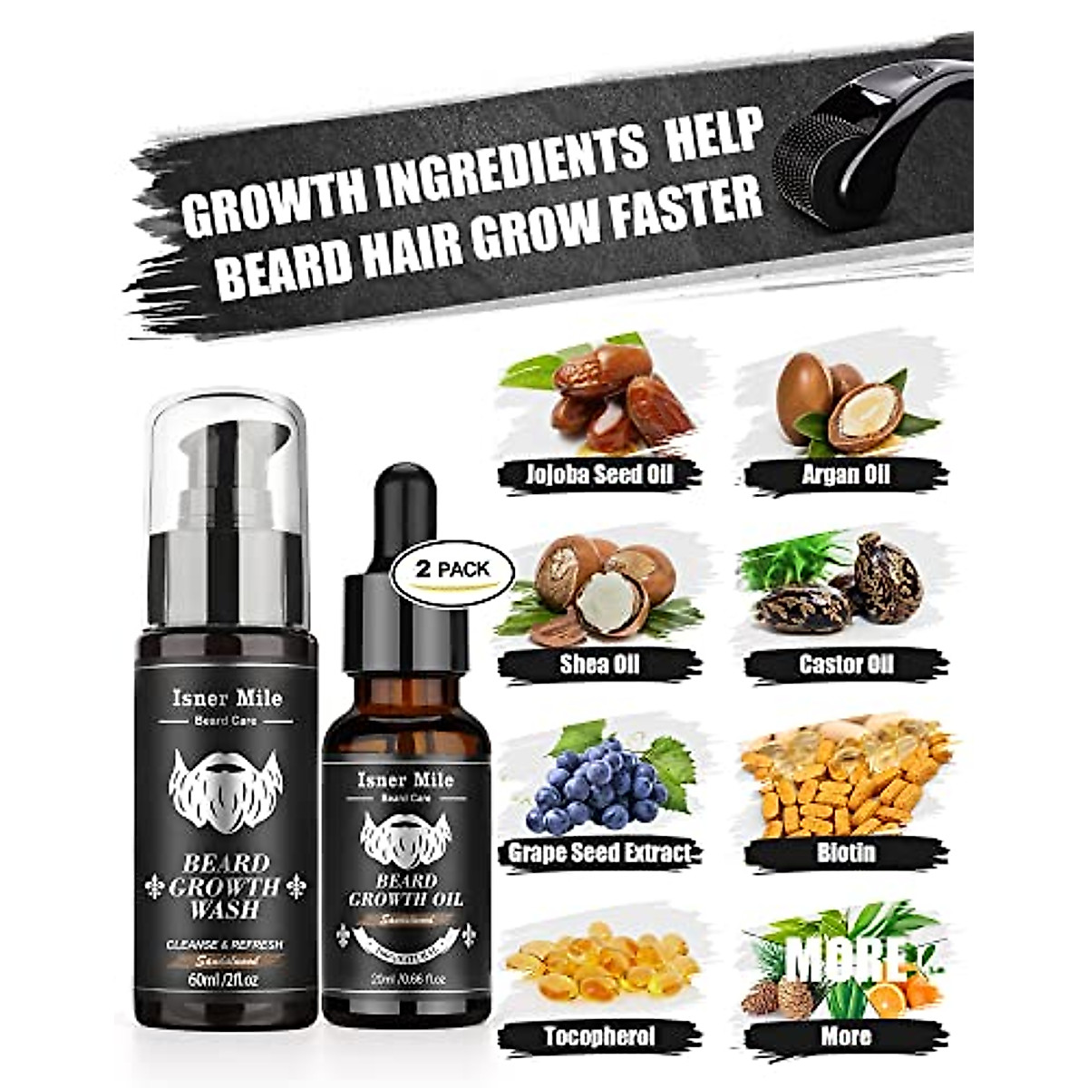 Beard Growth Kit, Beard Kit with Beard Roller, 2 Pack Beard Growth Oil & Growth Serum Spray, Beard Growth Wash, Beard Brush,Beard Comb, Stocking Stuffers Fathers Gifts for Men Dad Boyfriend