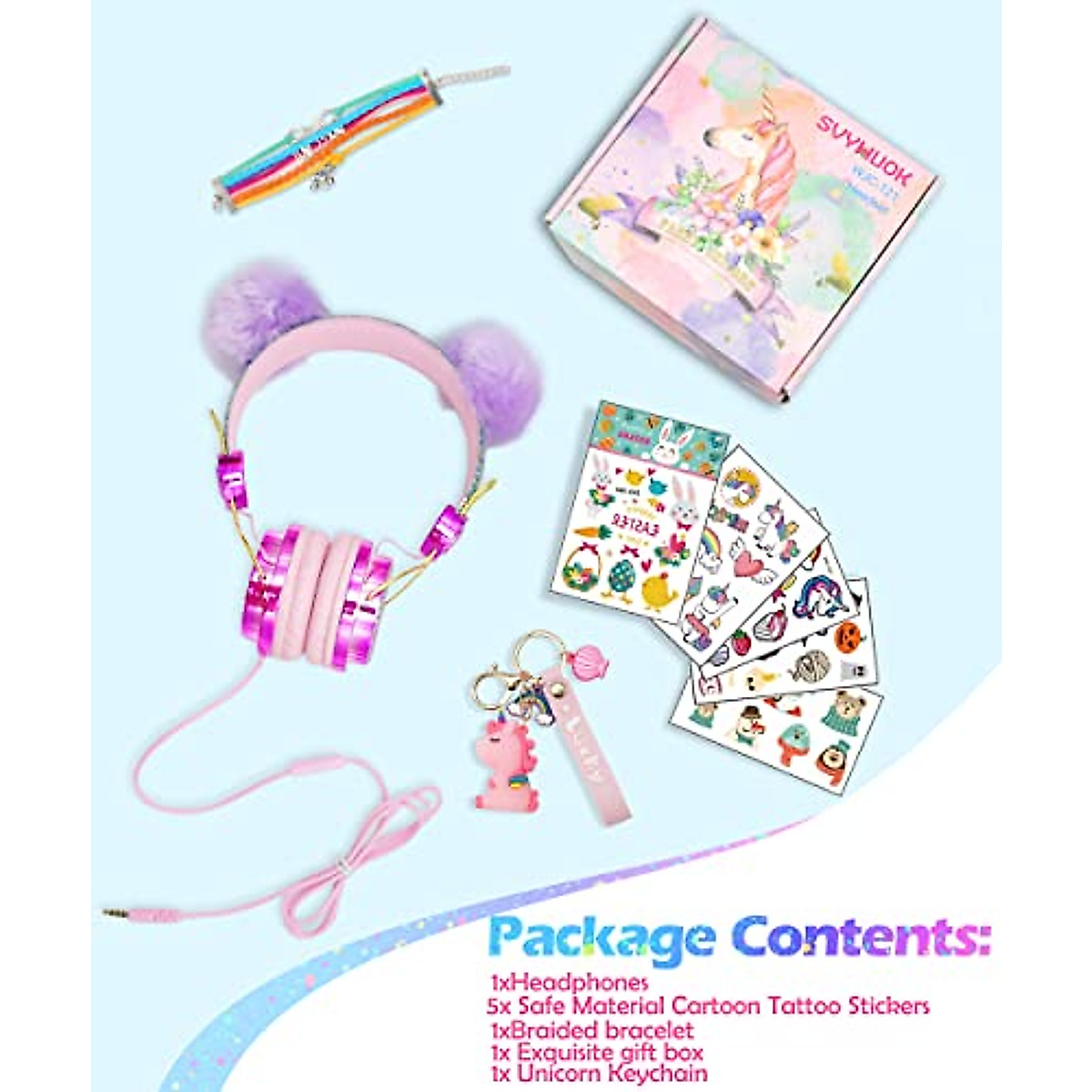 SVYHUOK Girls Pink Unicorn Wired Headphones,Cute Cat Ear Kids Game Headset for Boys Teens Tablet Laptop PC,Over Ear Children Headset withMic,for School Birthday Xmas Gifts