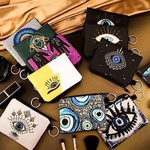 Hicarer 10 Pieces Small Coin Purse Boho Change Purse Pouch Printed Mini Wallet Coin Bag with Zipper for Women Girls (Evil Eye Print,4.7 x 3.94 Inch)